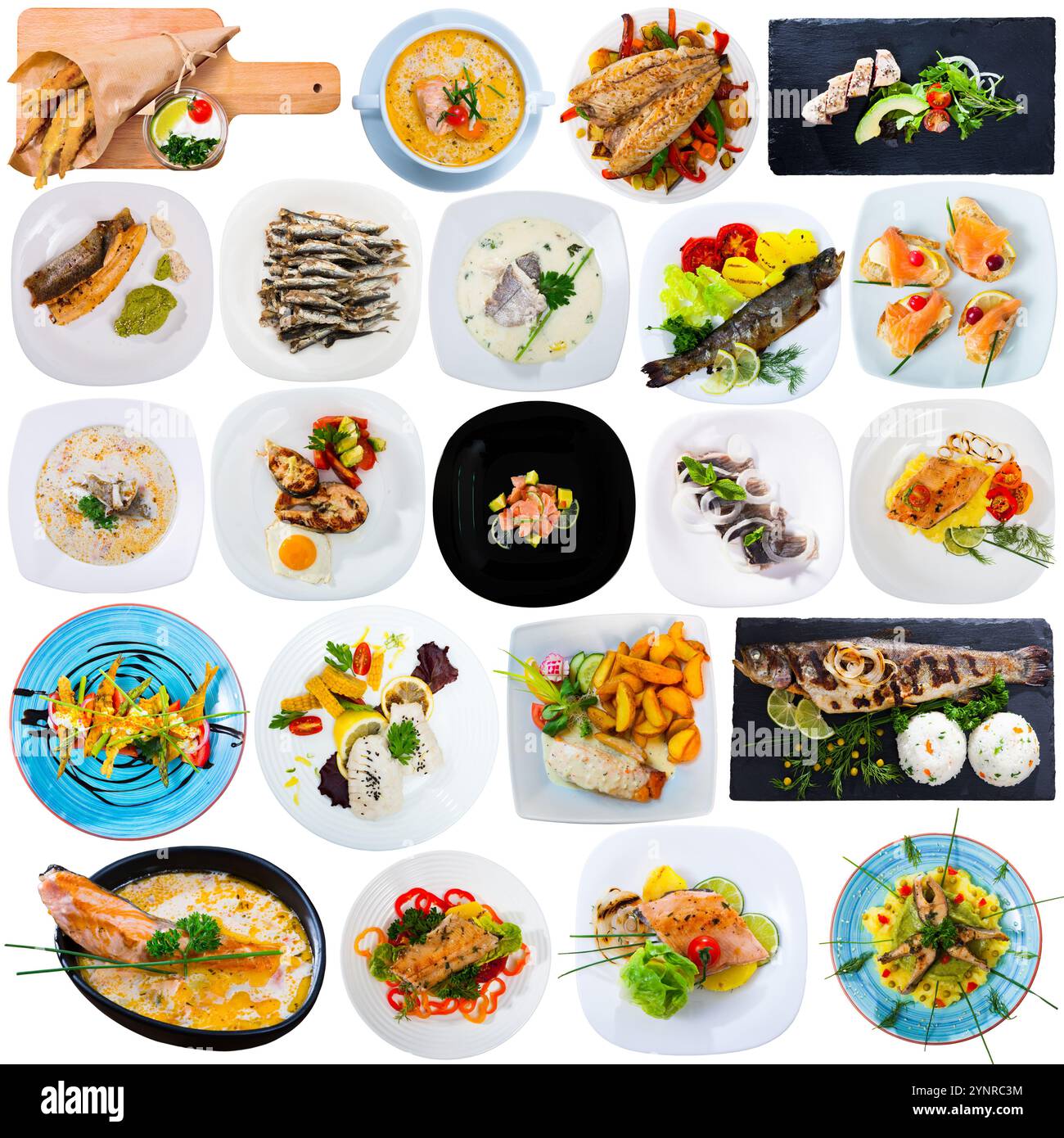 Dishes with hake, salmon and cod isolated on white background Stock ...