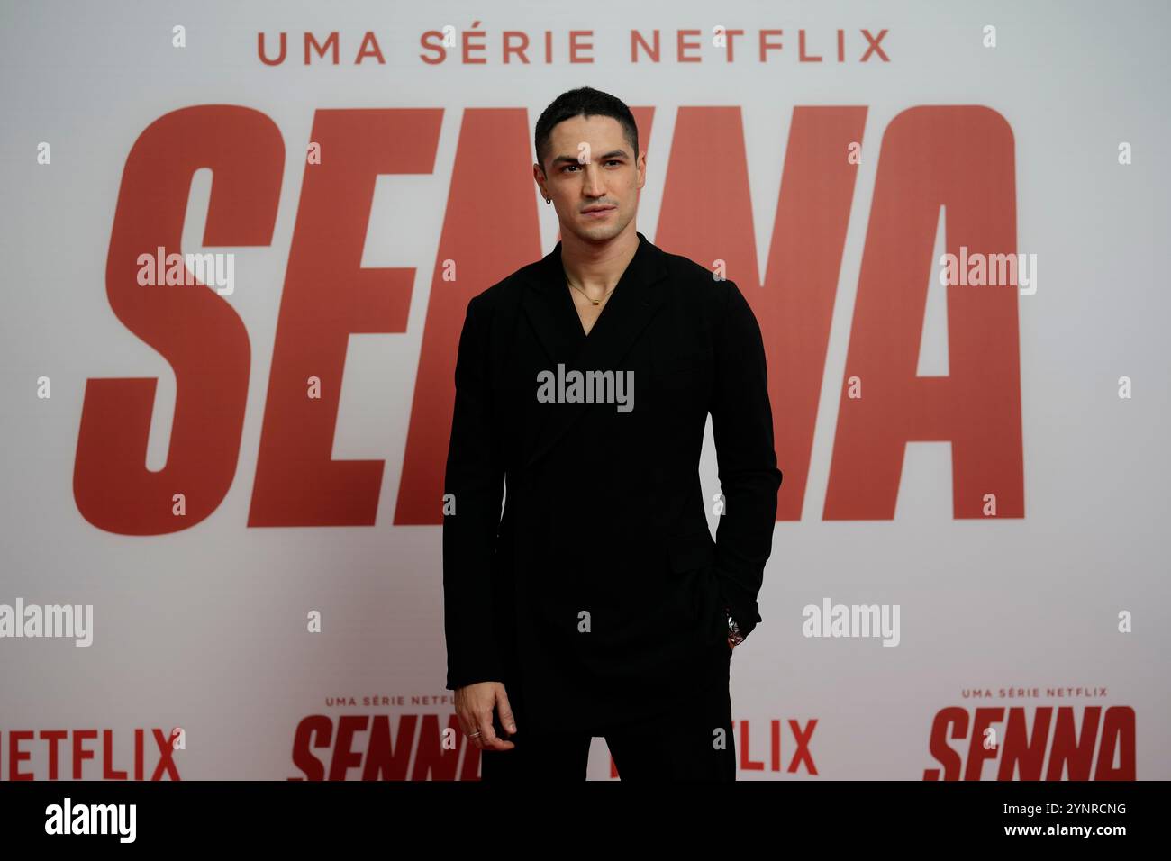 Brazilian actor Gabriel Leone poses for photos on the red carpet for the Netflix series Senna ...
