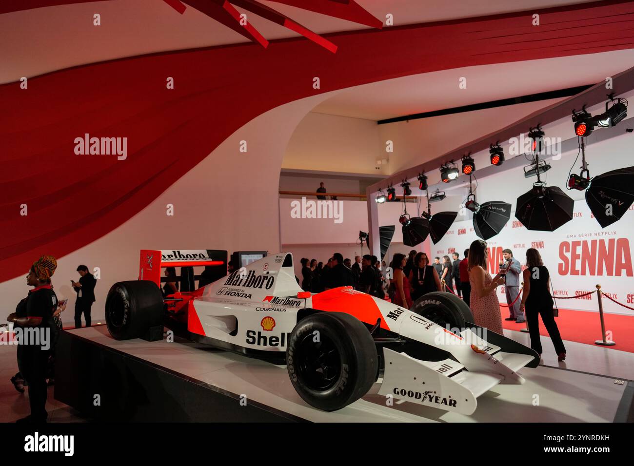 A replica of Formula 1 legend Ayrton Senna's car sits on display on the red carpet for the ...