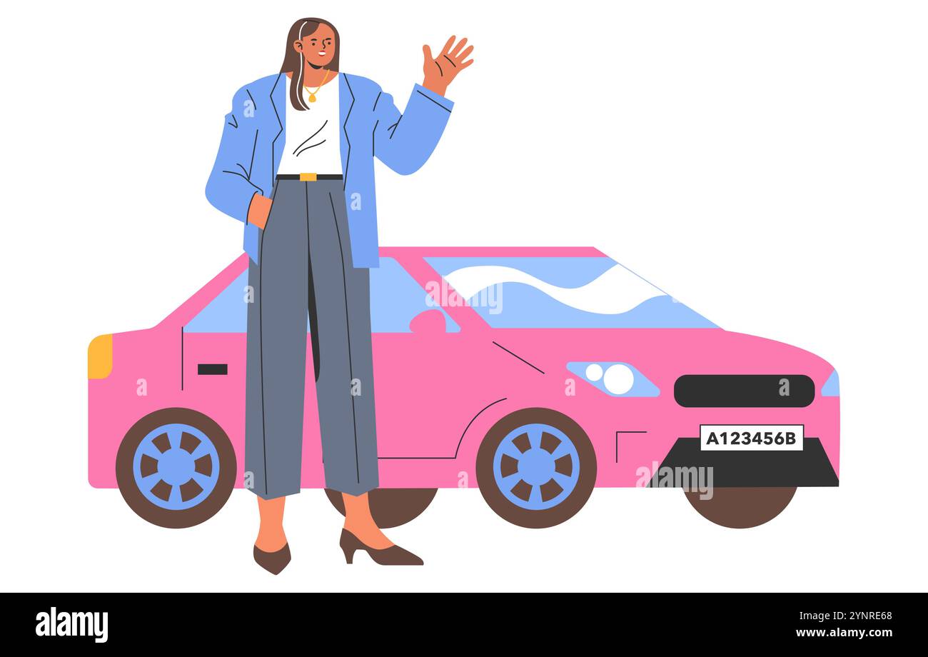 Confident businesswoman greeting beside her pink car. Professional ...