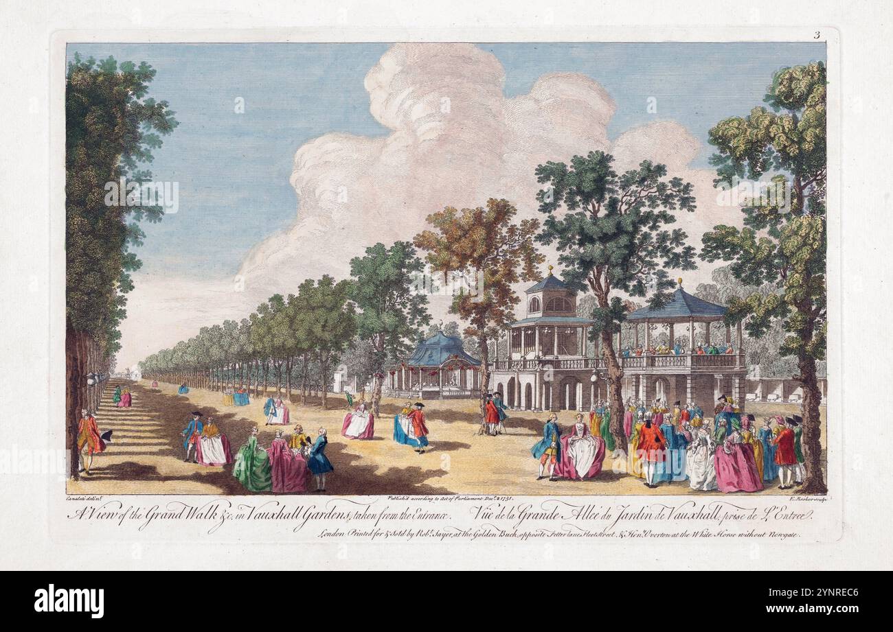 A print hand coloured engraving of a view of the Grand walk in Vauxhall ...