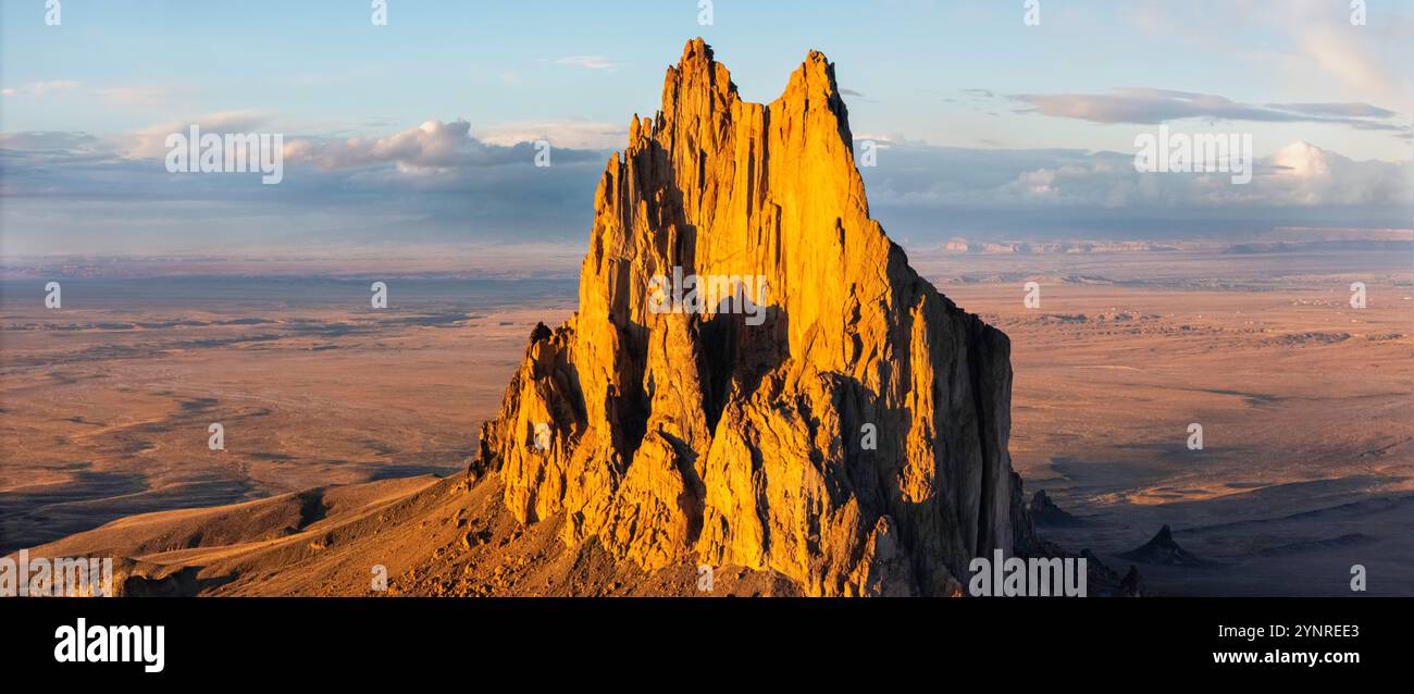 Sunset aerial panoramic photograph of Shiprock, a monadnock near the town of Shiprock, New ...