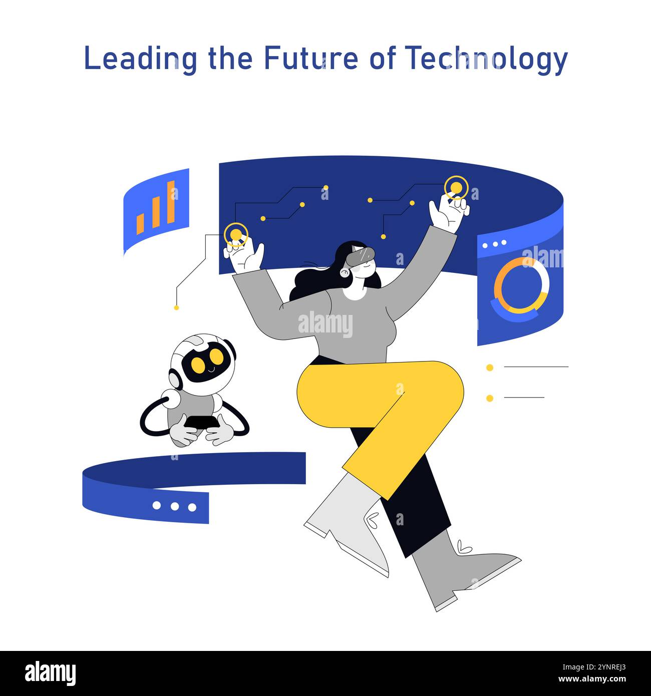 Women Leaders in Technology concept. A confident female figure interacts with futuristic tech ...
