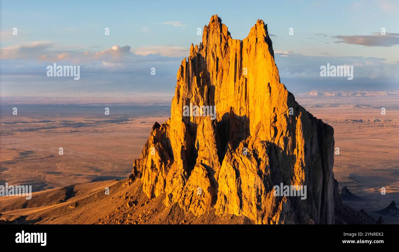 Sunset aerial photograph of Shiprock, a monadnock near the town of ...