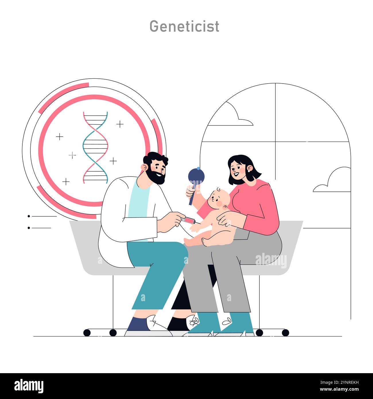 Pediatric genetic consultation illustration. A doctor engages with a ...