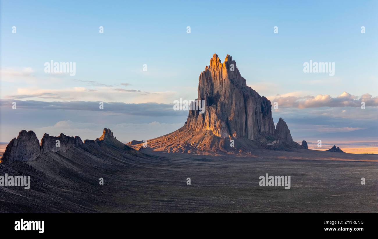 Sunset aerial photograph of Shiprock, a monadnock near the town of Shiprock, New Mexico, USA ...