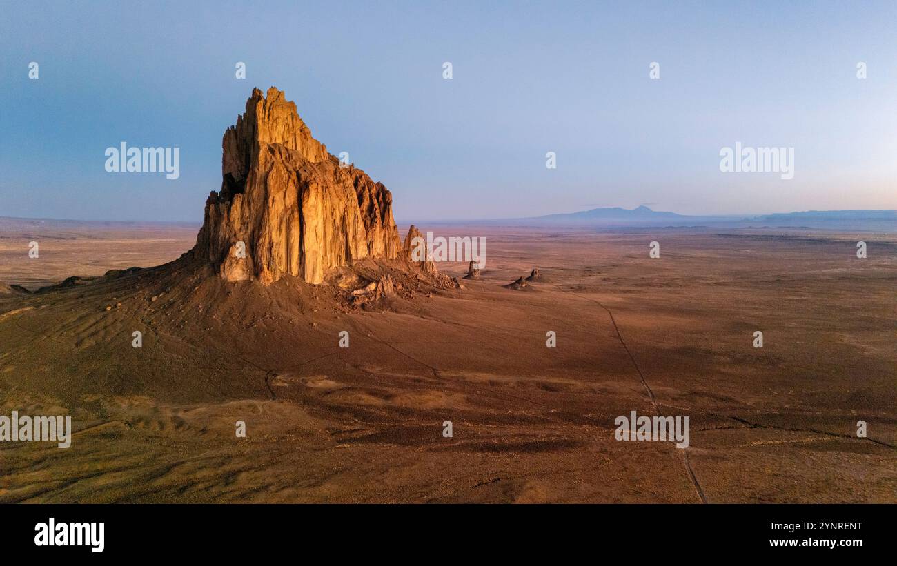Sunrise aerial photograph of Shiprock, a monadnock near the town of ...