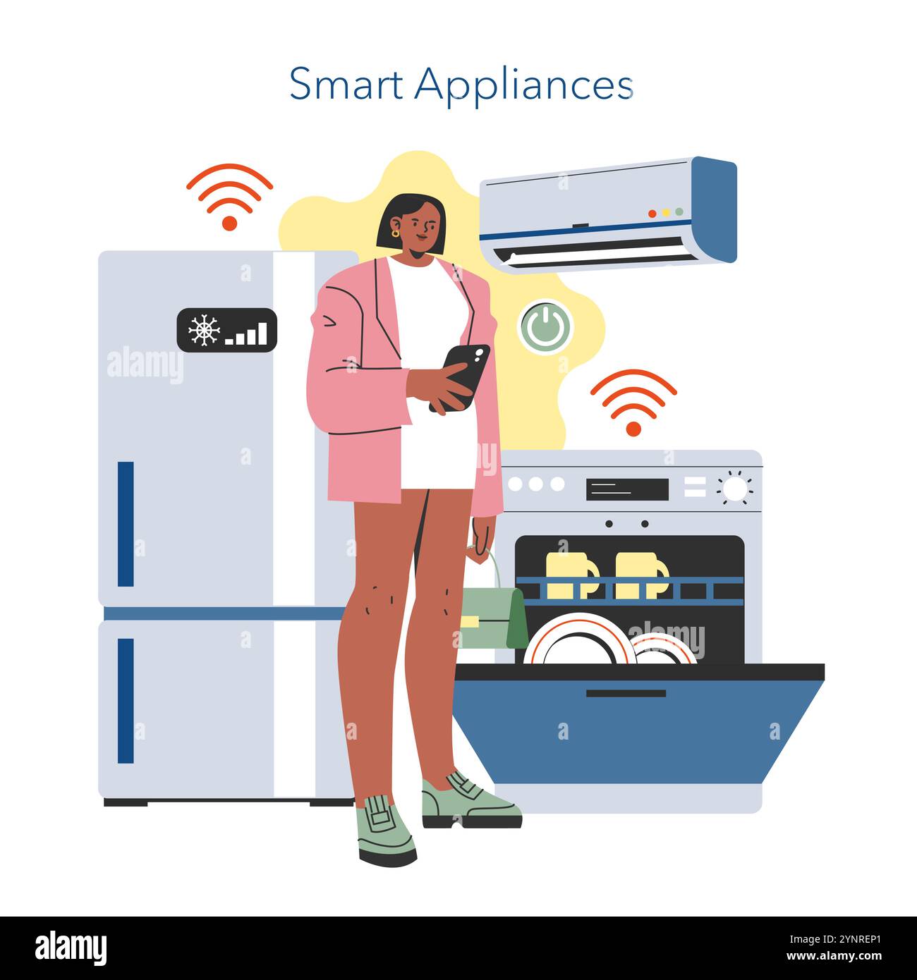 Smart Home concept. Woman controlling household appliances with a ...