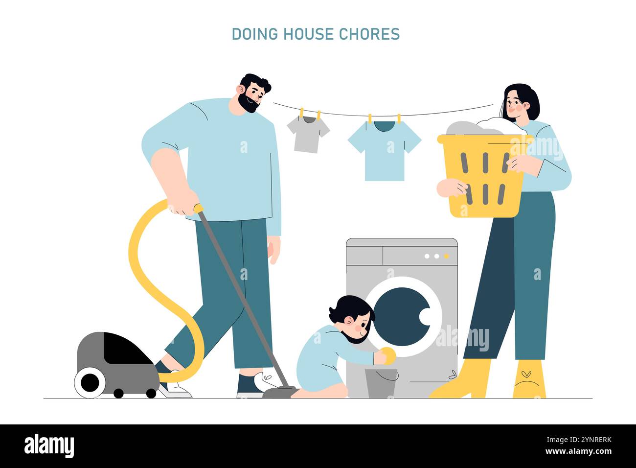 Family Engaged in Housework concept. Parents and child contribute to ...
