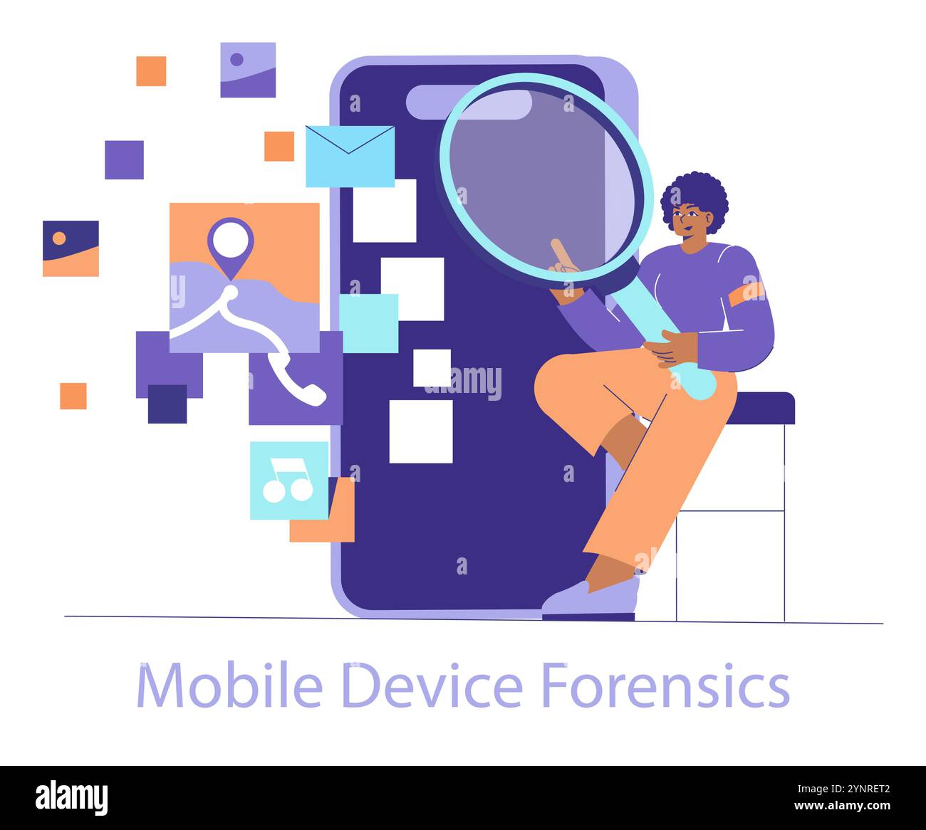 Mobile Device Forensics concept. Analyst inspecting digital evidence on a smartphone. Data ...
