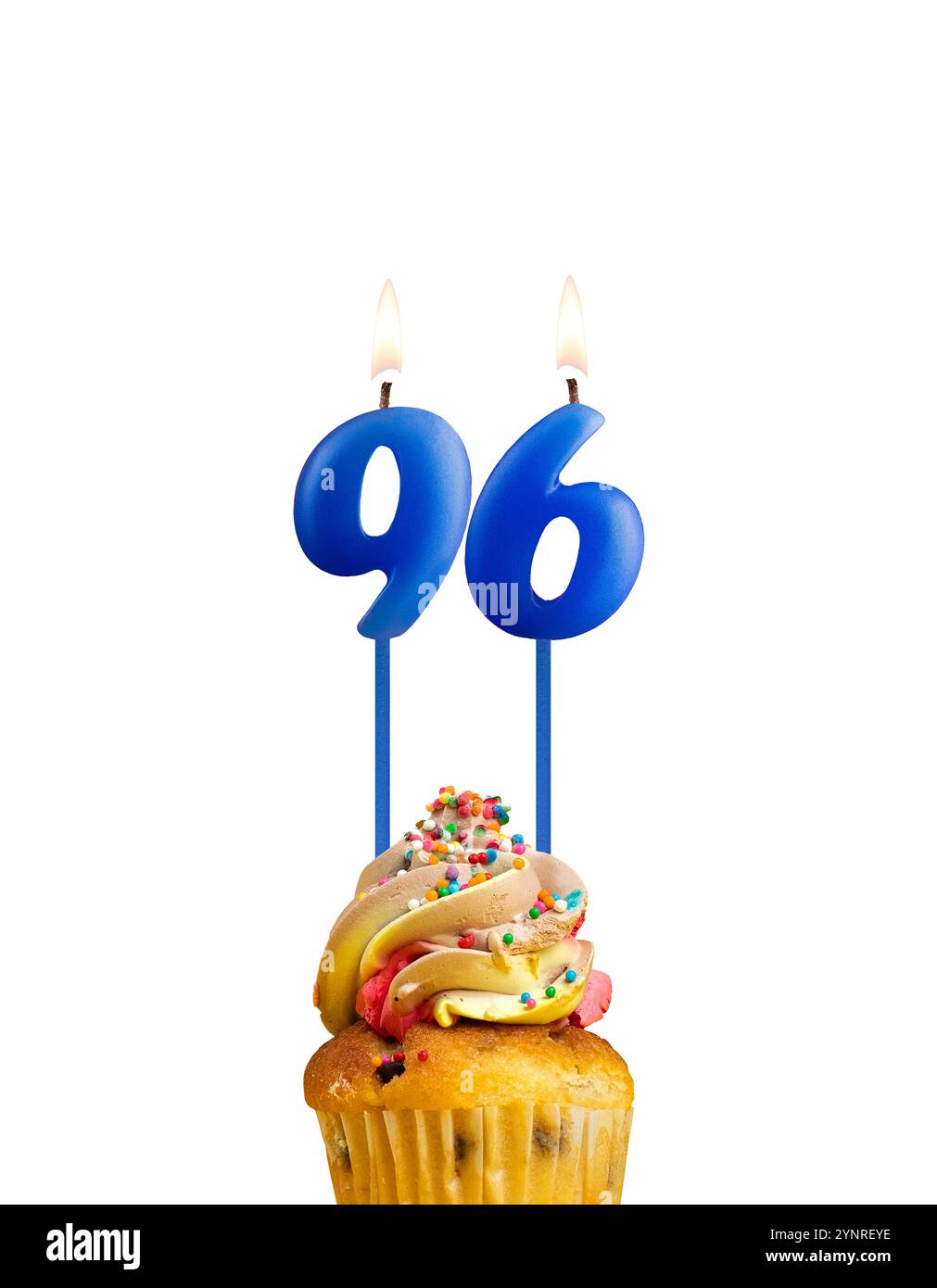 Candle in shape of the number 96 - Blue birthday on a white background ...