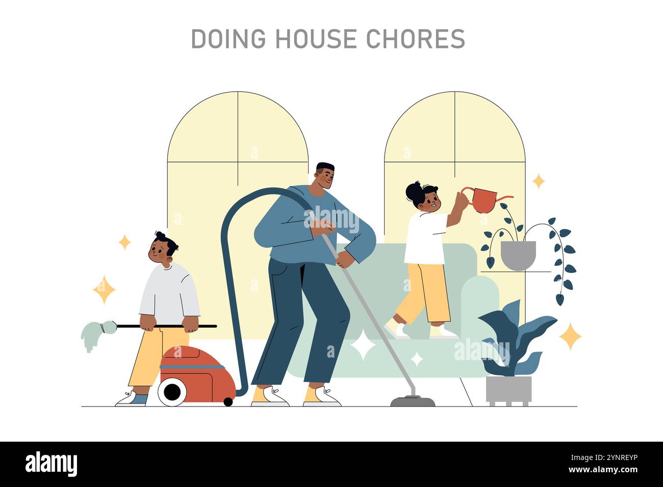 Family Chores concept. A father vacuuming as kids help with housework ...