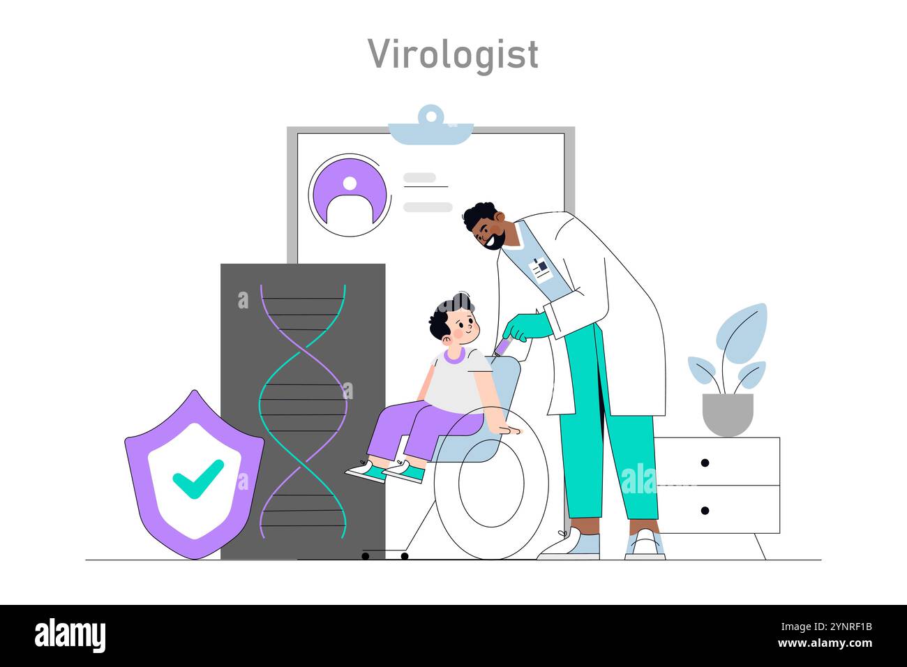 Inclusive pediatric medical visit concept. A caring virologist examines ...