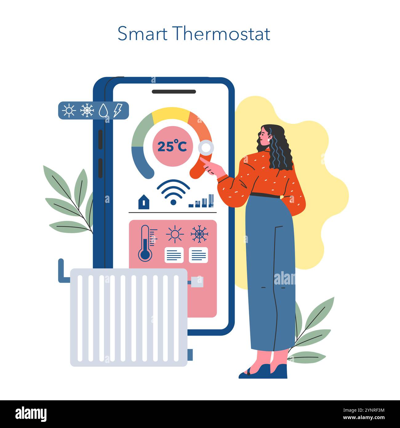 Smart Home concept. Woman interacts with a smartphone app to adjust ...