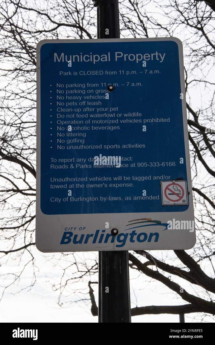 Municipal property sign at Spencer Smith Park in downtown Burlington ...