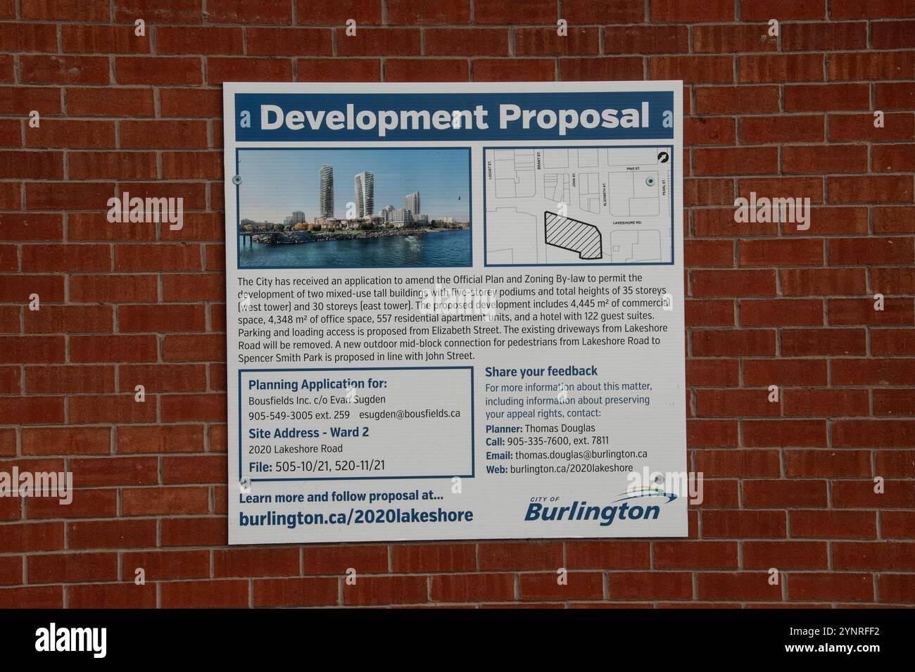 Development Proposal sign on Lakeshore Road in downtown Burlington ...