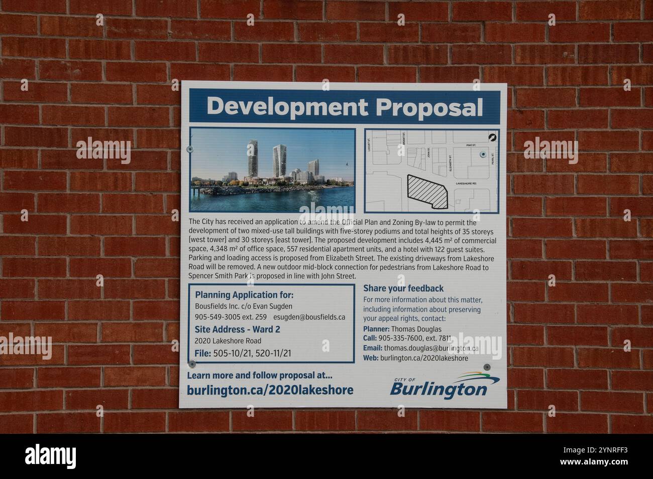 Development Proposal sign on Lakeshore Road in downtown Burlington ...
