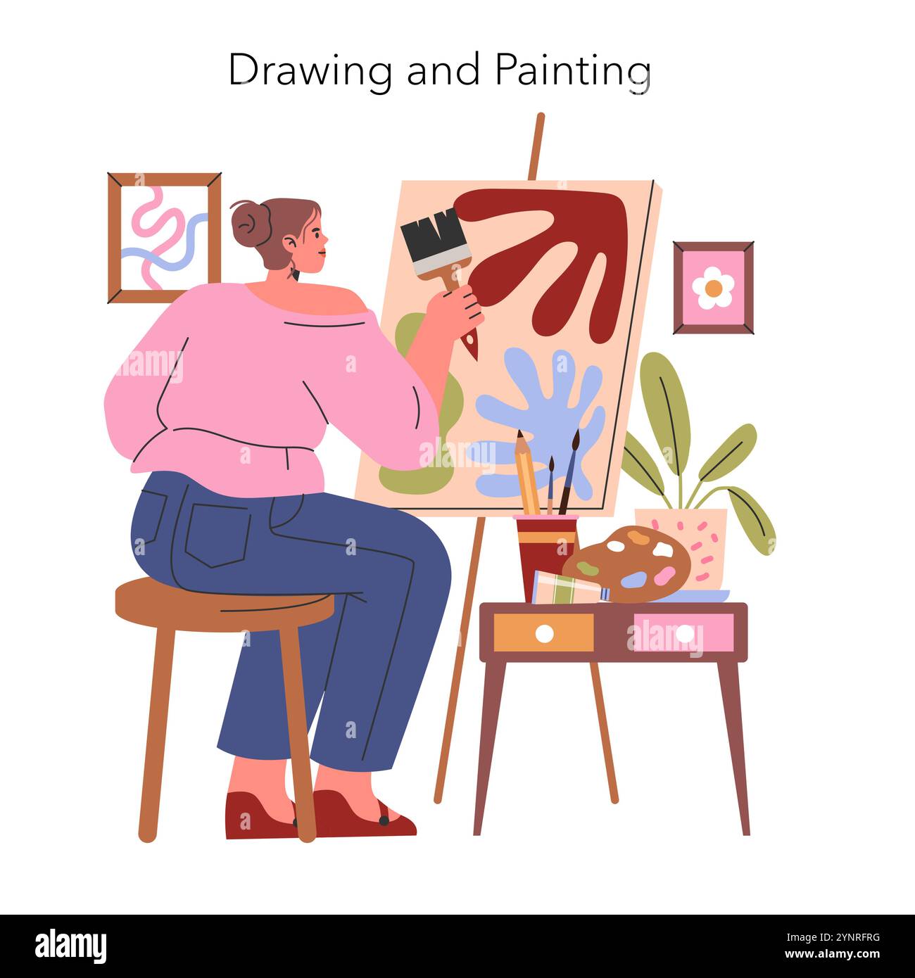 Hobbies at Home concept. Woman engages in painting, expressing ...