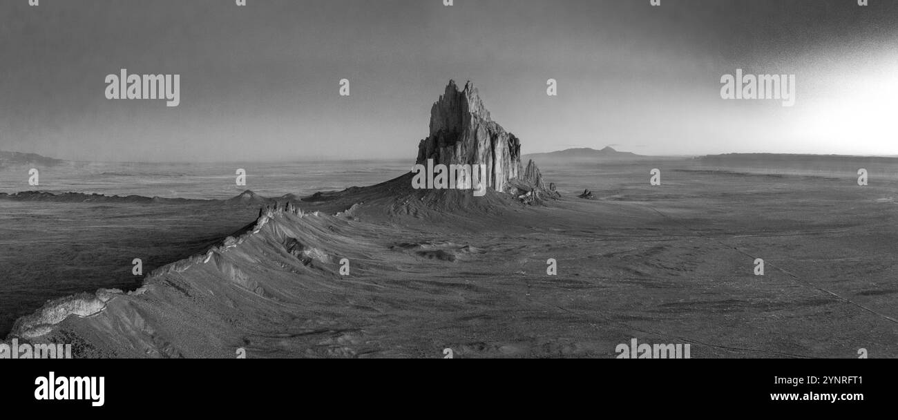 Sunrise aerial panoramic photograph of Shiprock, a monadnock near the ...