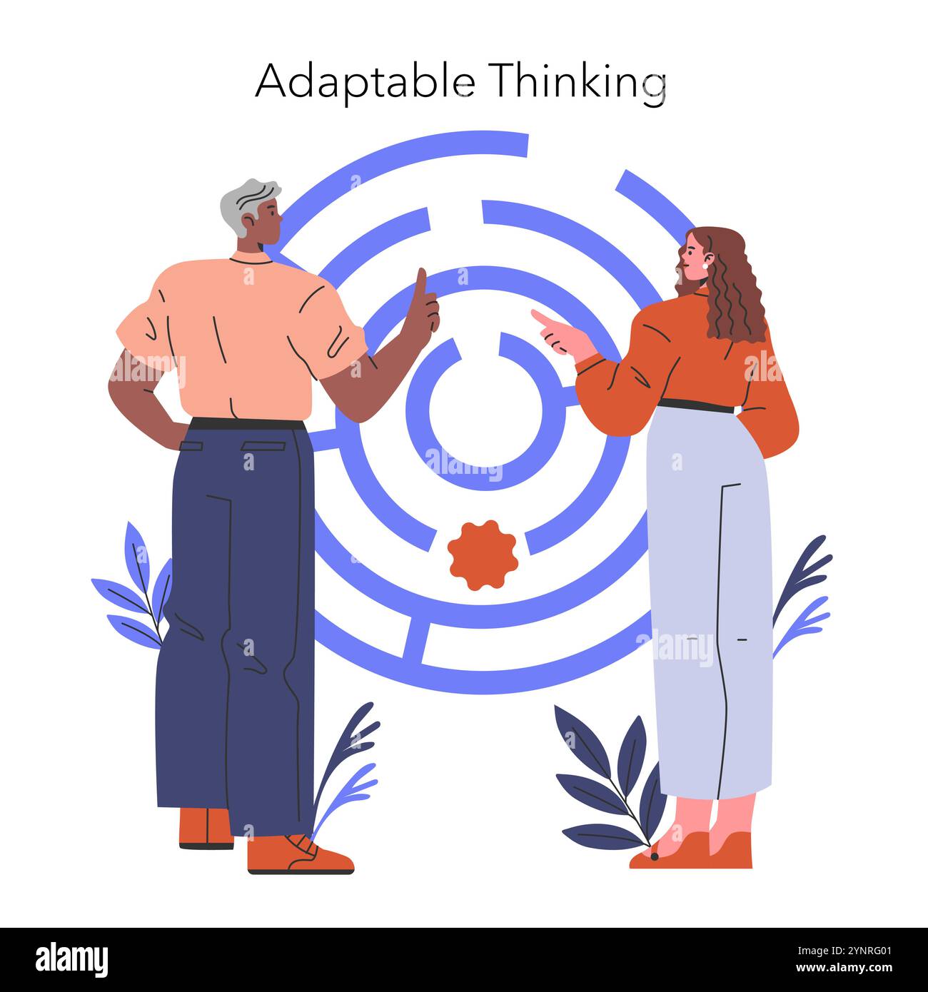 Cognitive Bias concept. Illustration of two people engaging in adaptable thinking with abstract ...