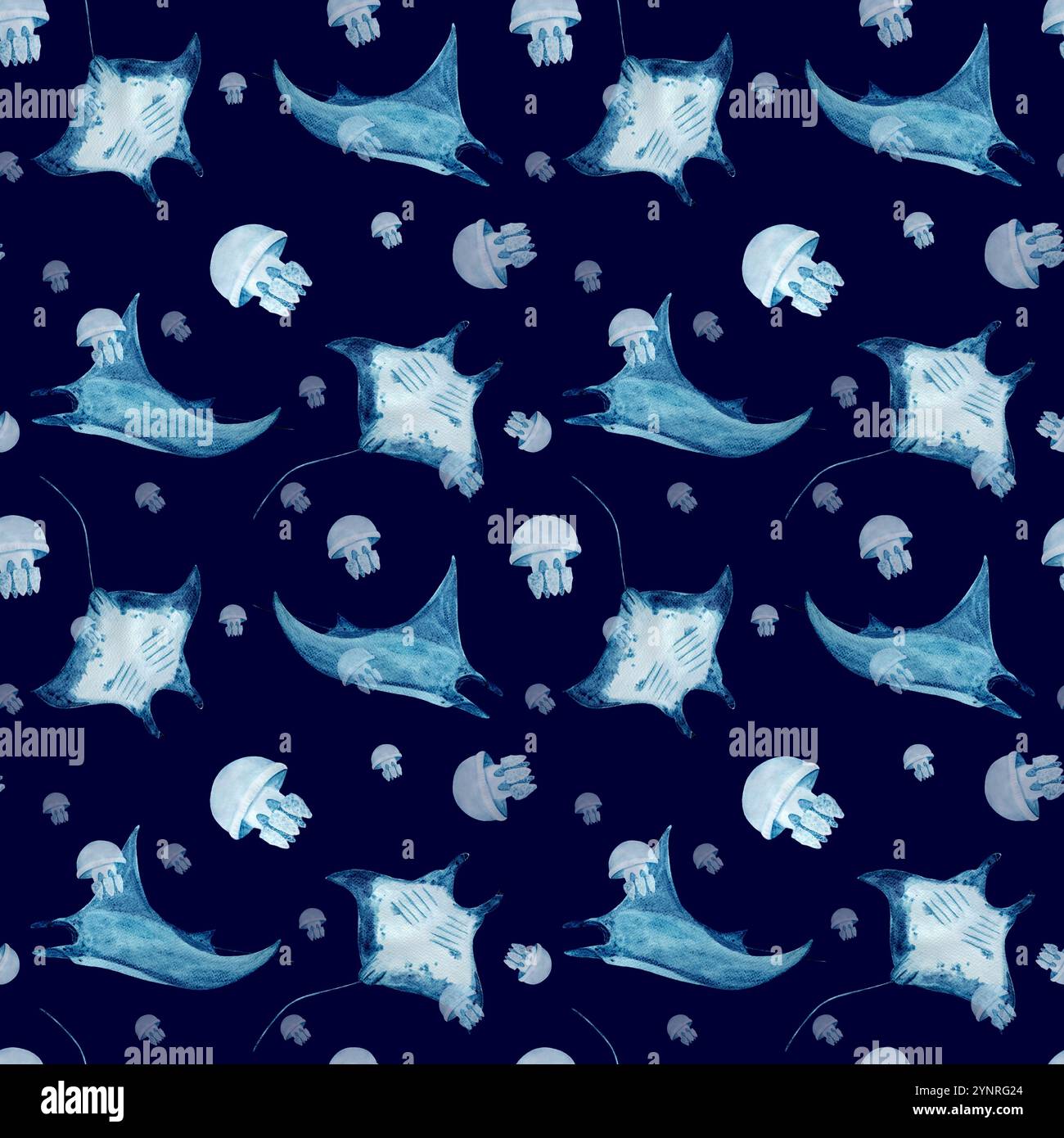 Manta ray and jellyfish watercolor seamless pattern on dark blue. High ...