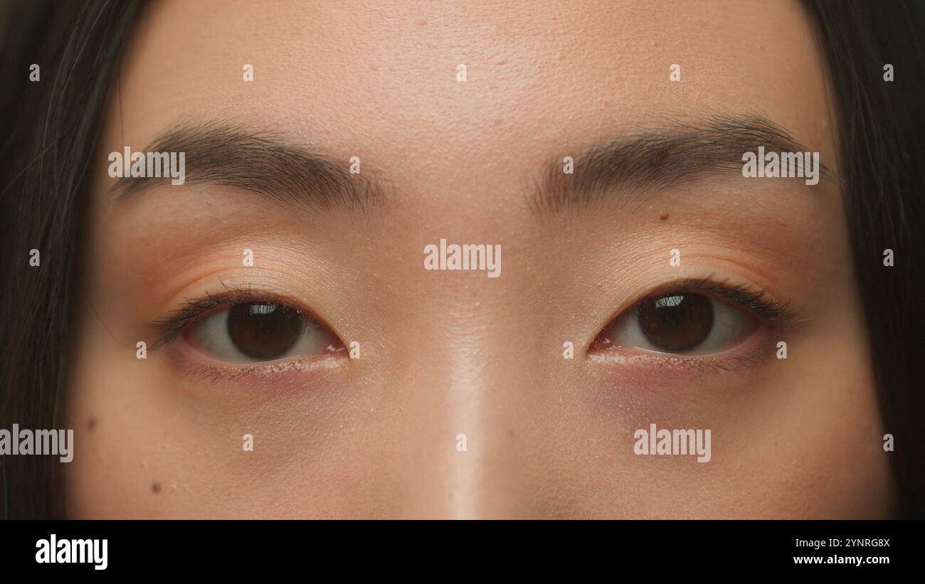 Macro extreme close up Asian woman female dark eyes face details korean ...