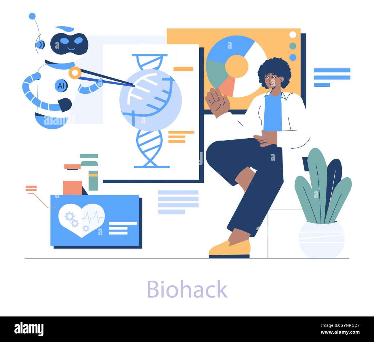 Longevity clinic concept. Scientist analyzes DNA with AI robot ...