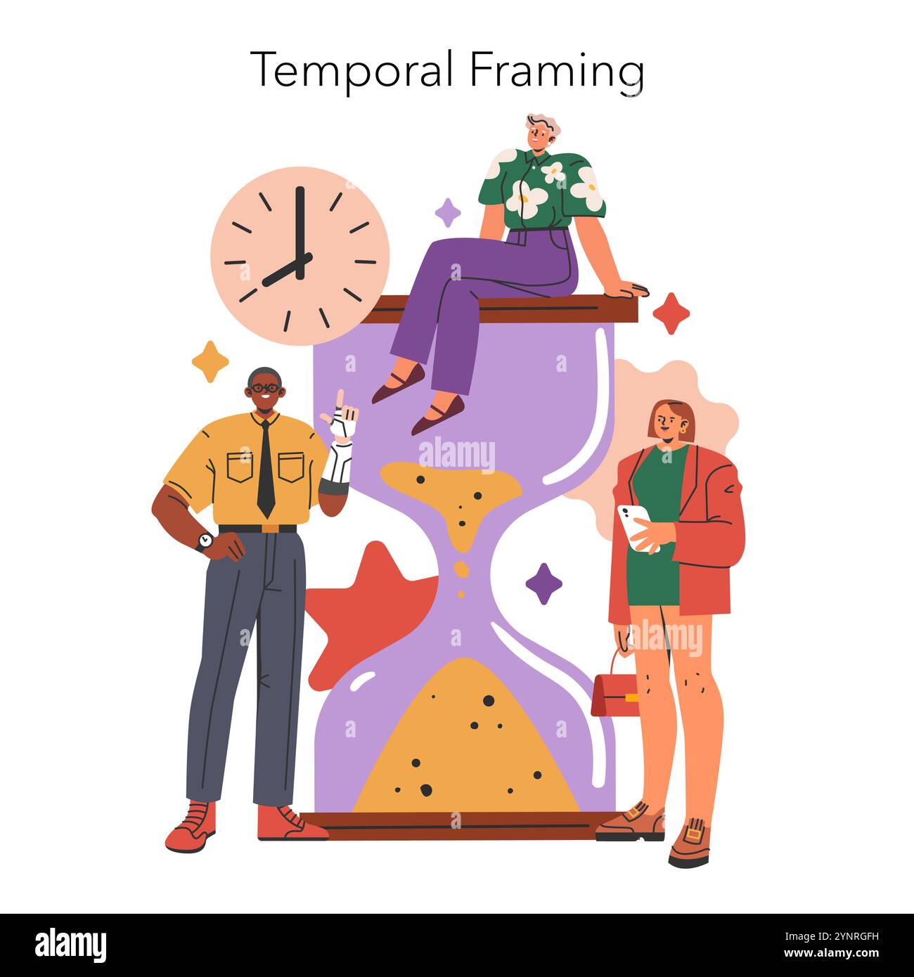 Cognitive Framing concept. People interacting with a large hourglass ...