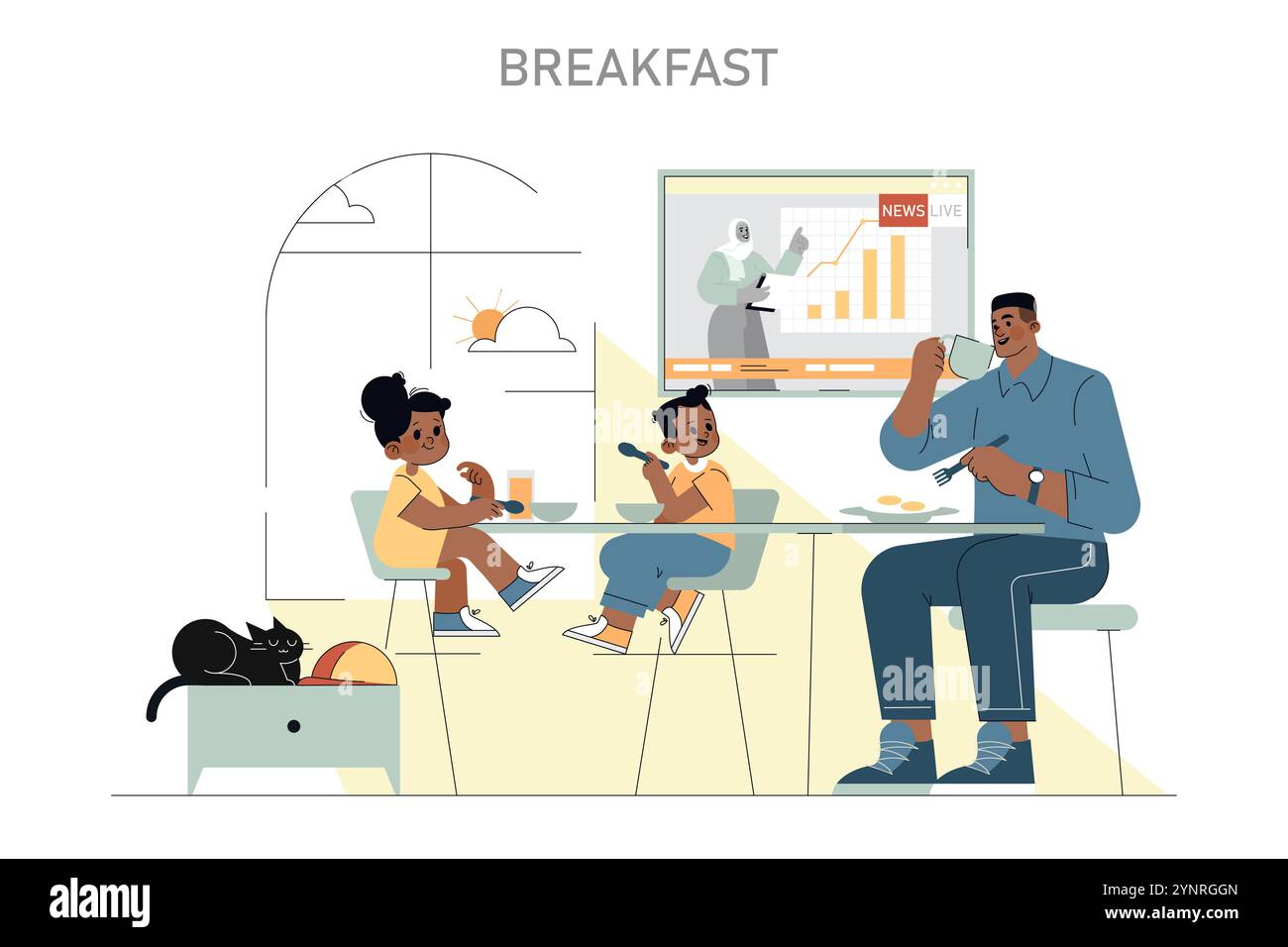 Morning routine vector illustration. A builder enjoys breakfast with ...
