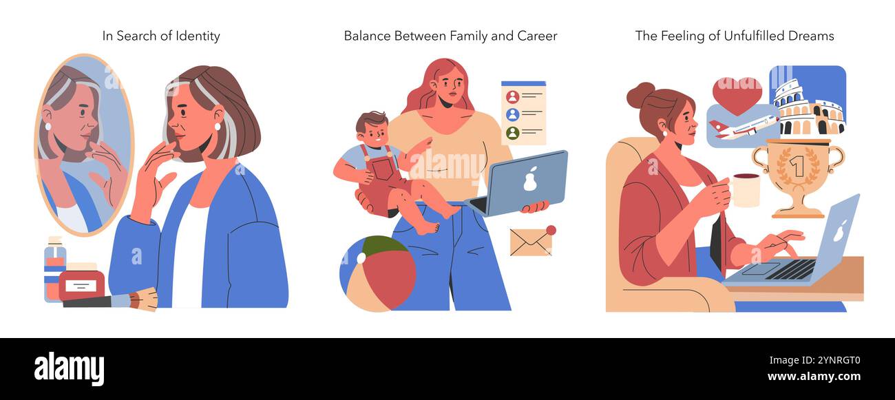 Women's Midlife Crisis set. Reflecting personal growth, work-life harmony, and aspirations ...