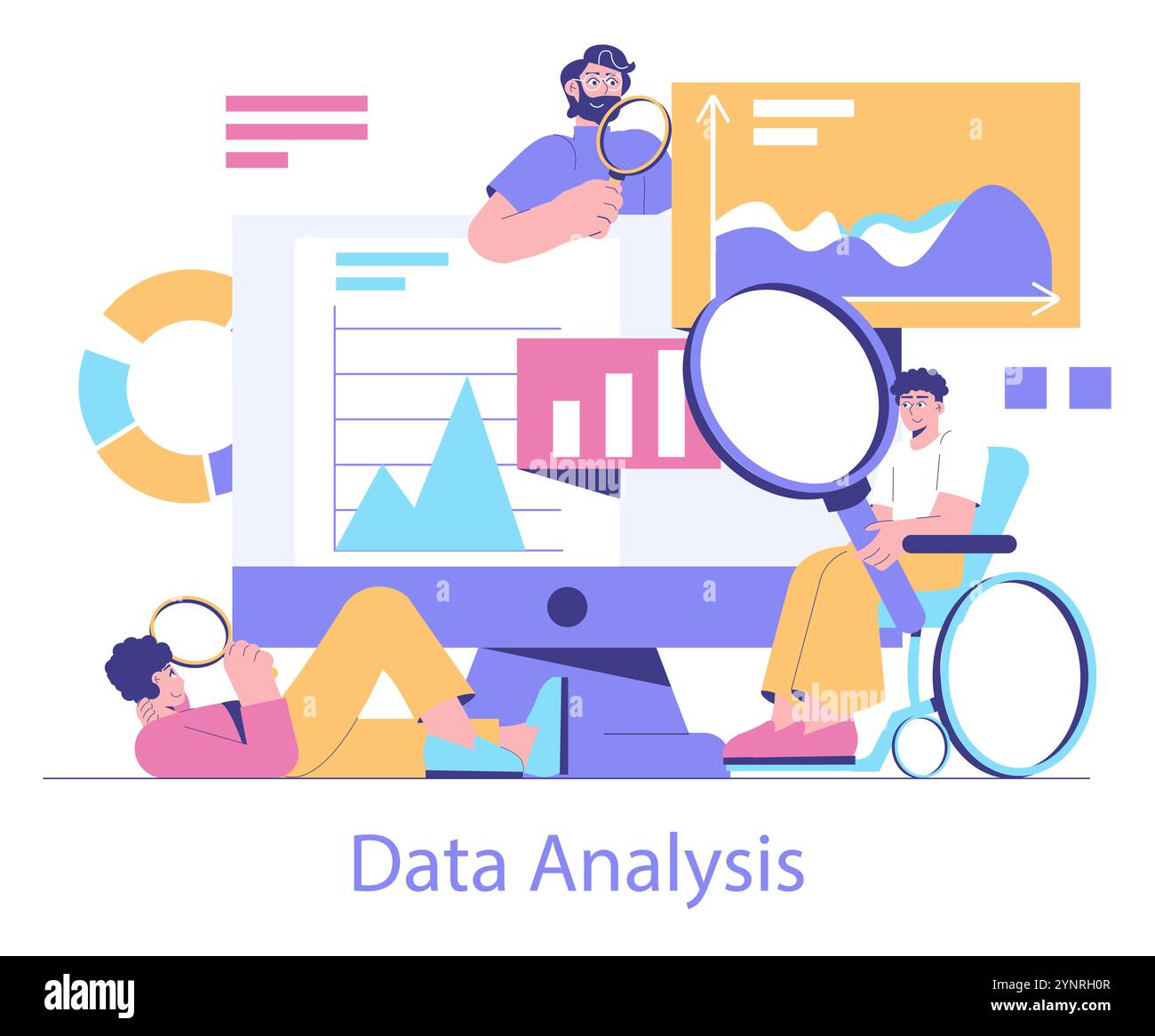 Data Analysis concept. Analysts examining data on a large screen with charts and graphs. Visual ...