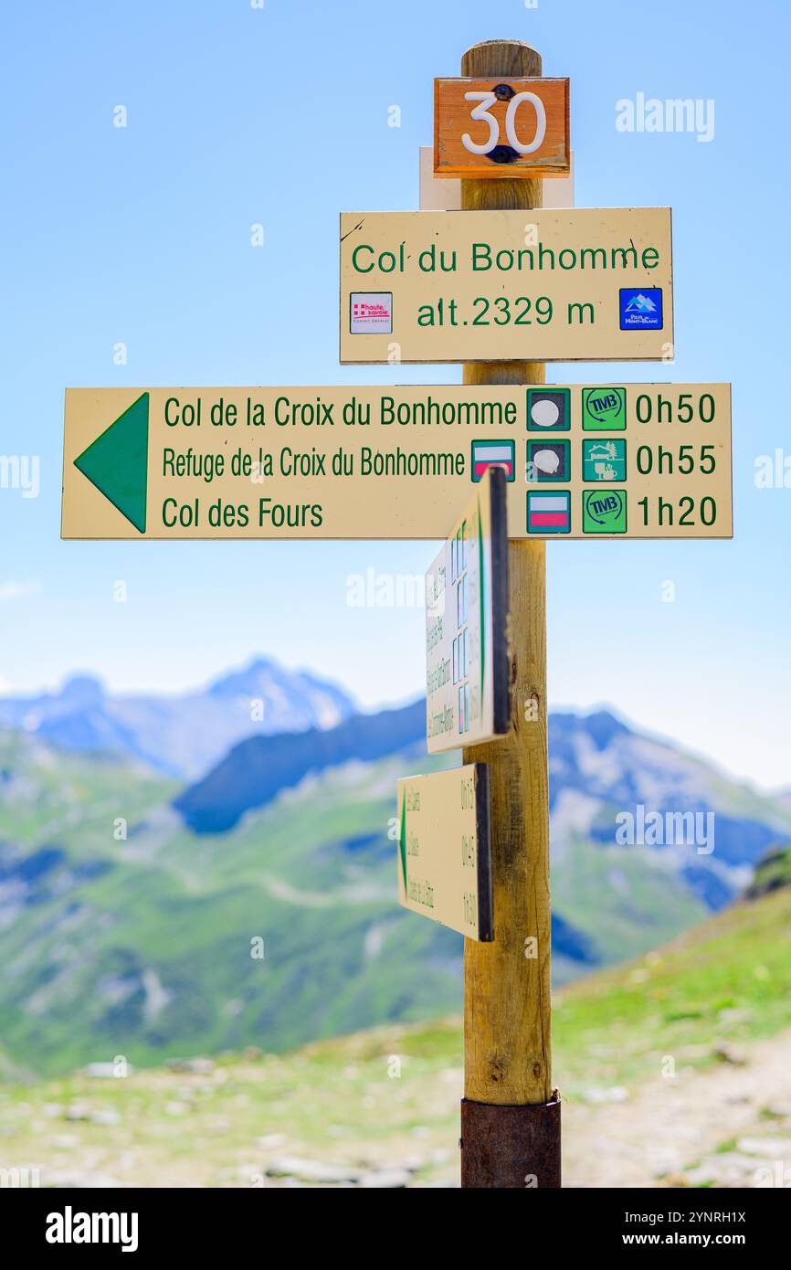 The Col du Bonhomme signpost, altitude 2329m above sea level. Part of ...