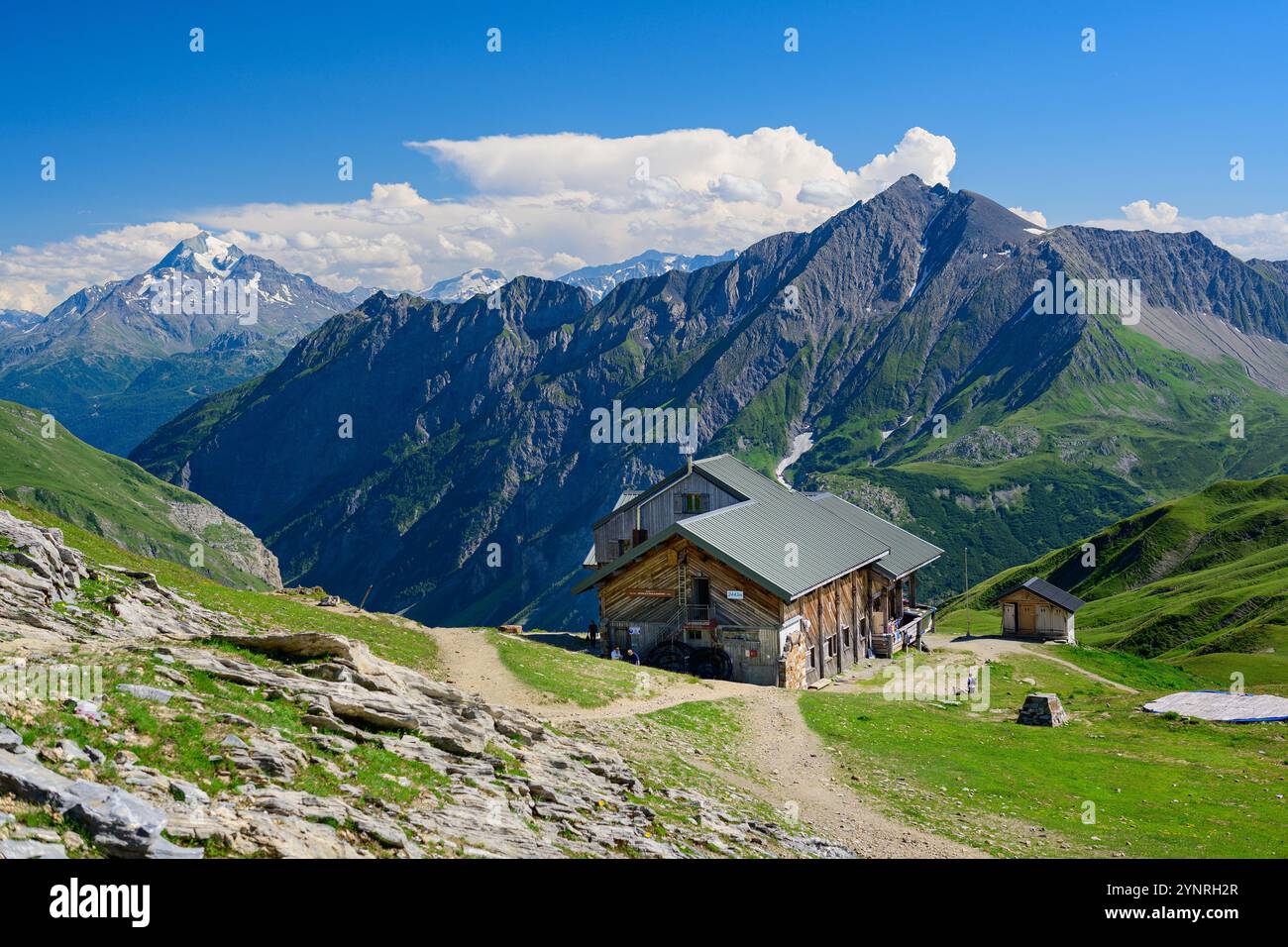 The Refuge de la Croix du Bonhomme mountain hut in French Alps. Part of ...
