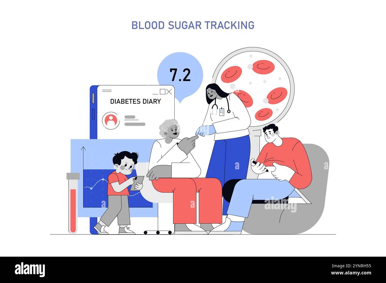 Blood Sugar Tracking concept. Illustration of a nurse helping patients ...