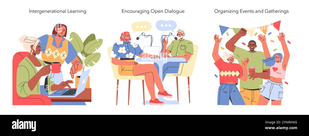 Community Engagement set. Illustration of intergenerational learning ...