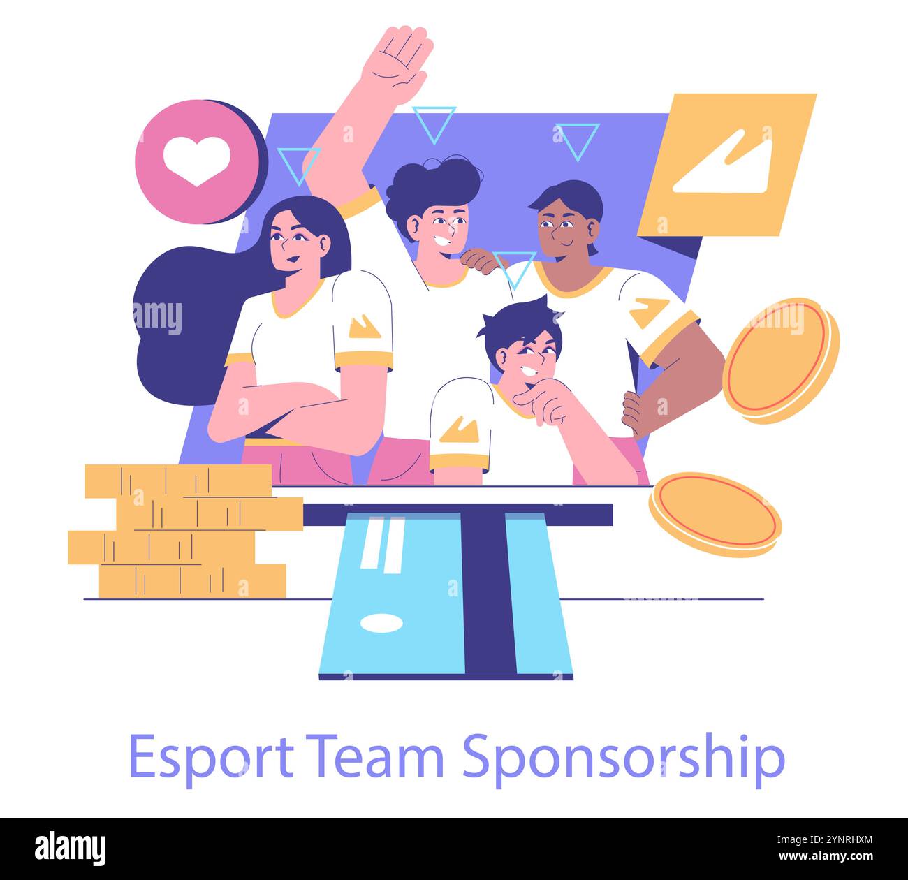 Esport team sponsorship concept. A group of gamers celebrating financial support with coins and ...
