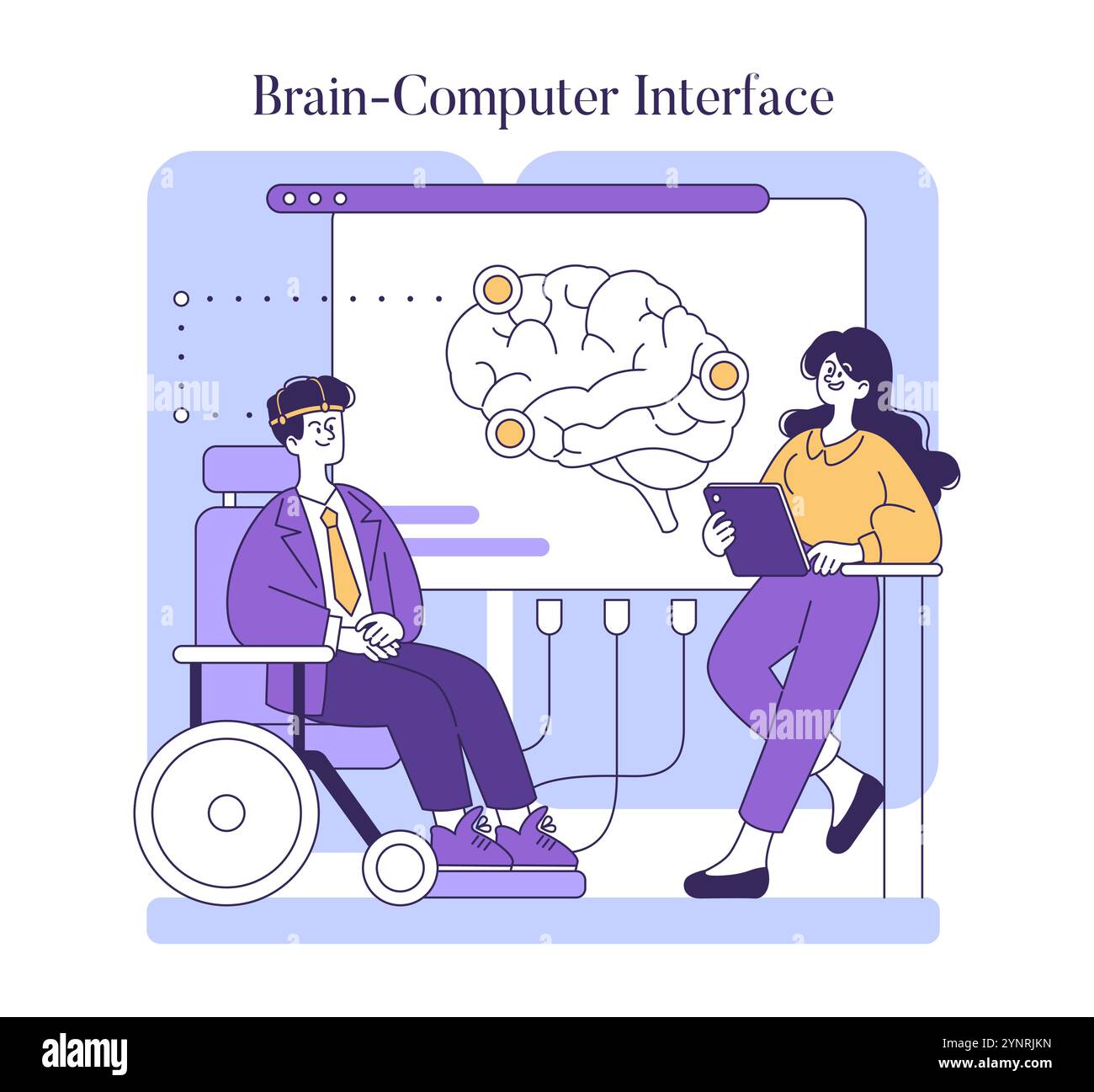 Brain-Computer Interface concept. An illustration showing AI assisting a disabled person ...