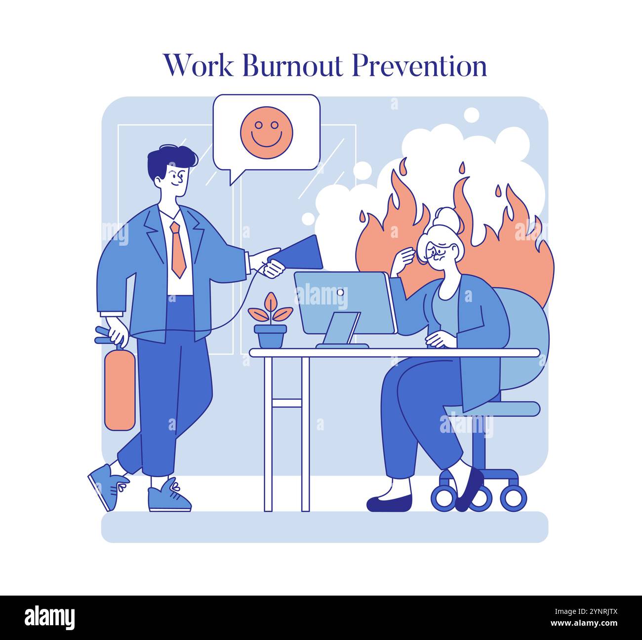 Work burnout prevention illustration. A supportive colleague extinguishes burnout at the ...
