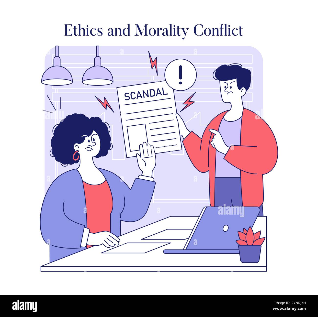 Workplace dispute concept. Illustration of a heated argument between colleagues over a ...