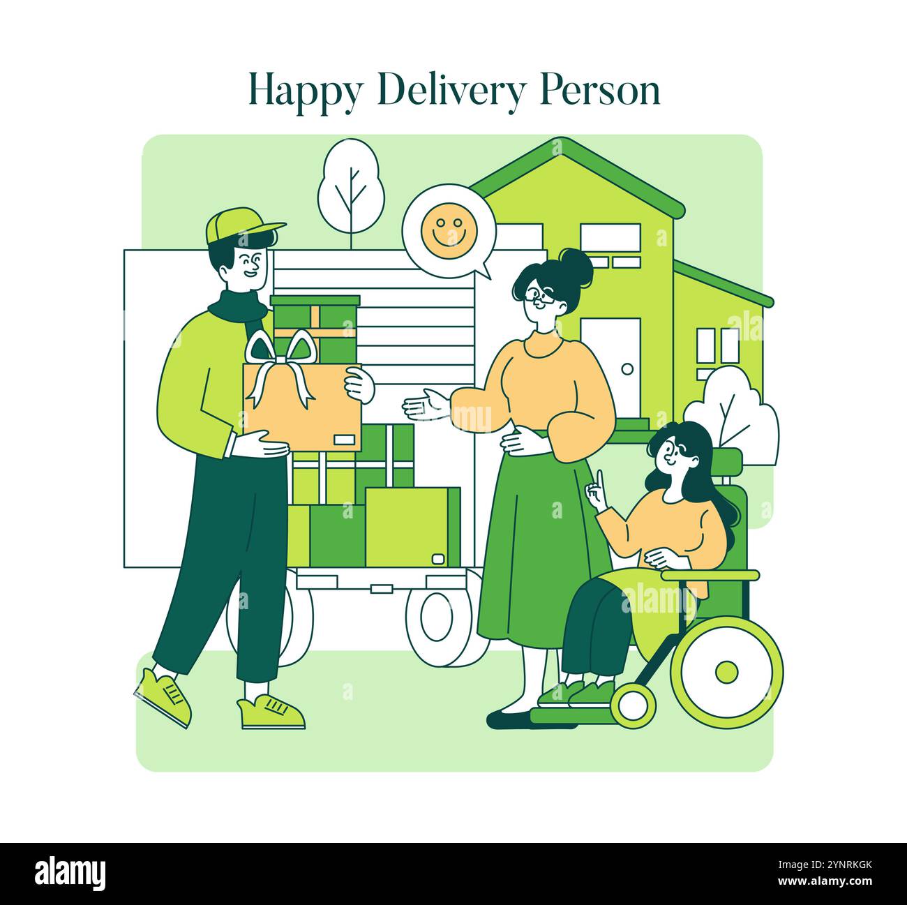 Happy Delivery Person concept. A cheerful courier delivers a package to ...