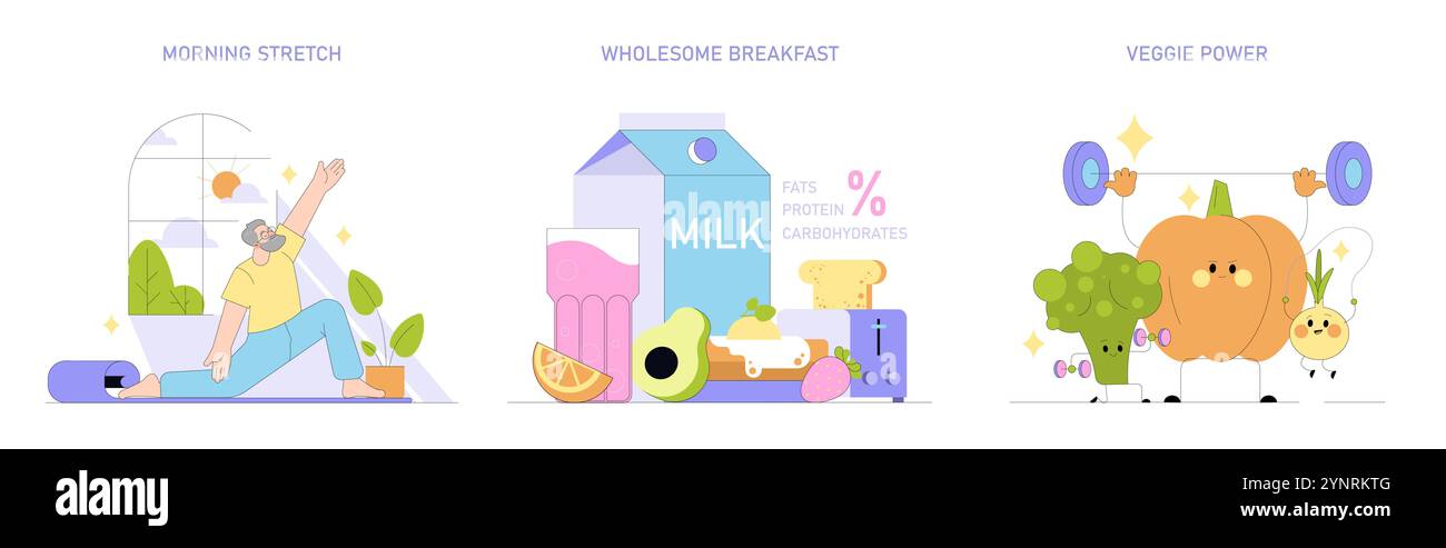 Healthy Lifestyle set. Starting with morning stretch, enjoying balanced ...