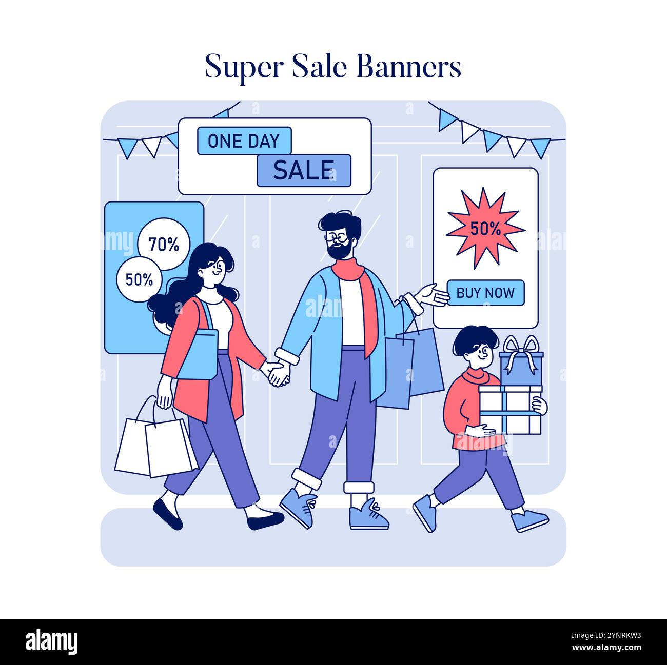 Super Saturday concept. Cartoon family shopping during a one-day super ...