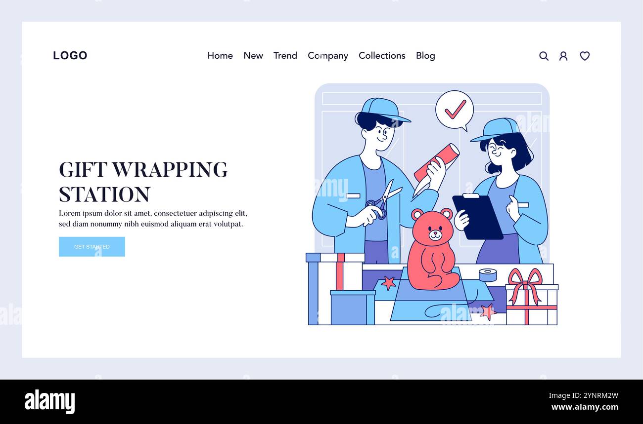 Gift Wrapping Station concept. Employees wrapping presents and checking ...