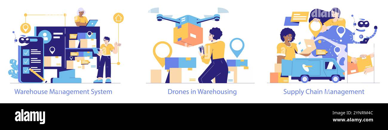 Logistics Automation set. Streamlining operations with technology in ... Logistics Automation set. Streamlining operations with technology in ...