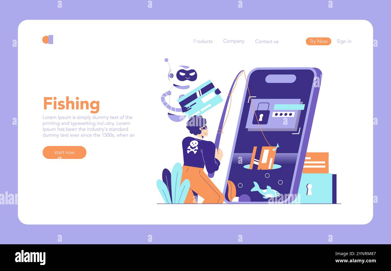 Cybercrime concept. Hacker phishing with rod from smartphone screen ...