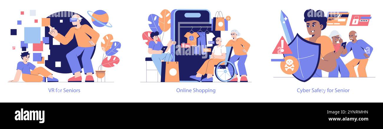 Tech Help Across Generations set. Illustrations of seniors engaging ...