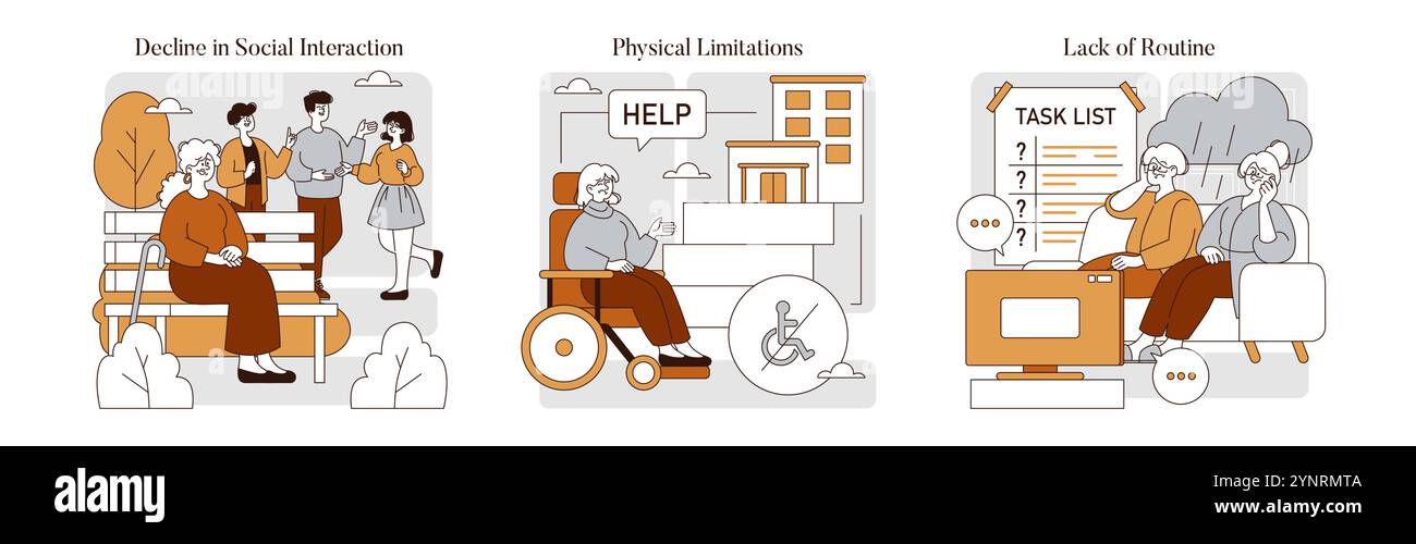 Retirement challenges set. Illustration capturing the loneliness, physical limitations, and ...