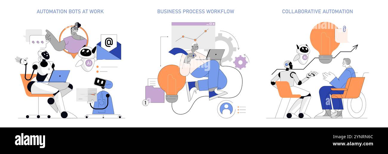 Business Automation set. Streamlined teamwork with AI, enhanced workflow efficiency. Robots ...