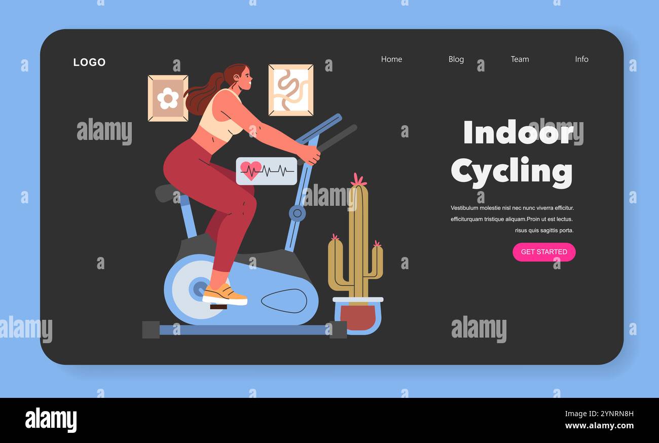 Home indoor cycling workout illustration with a focused woman ...