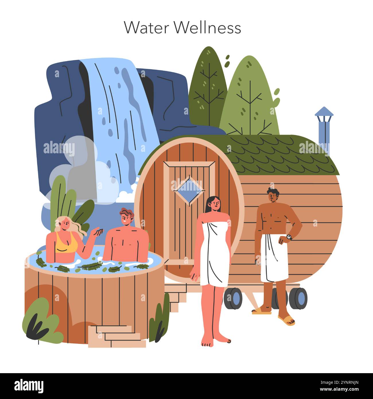 Water Wellness concept. People enjoying a hot tub and sauna in a tranquil nature setting by a ...